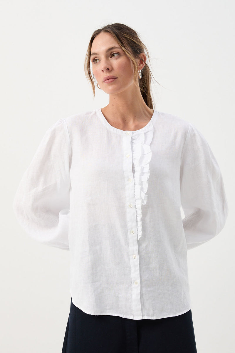 Linen Relaxed Frill Blouse - White – Goondiwindi Cotton