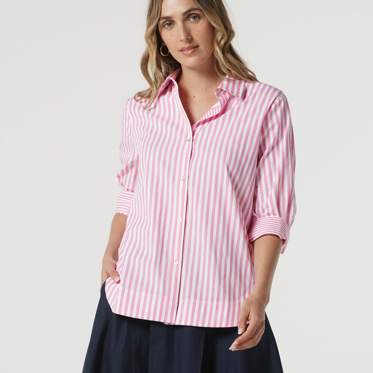 Classic Cotton 3/4 Sleeve Stripe Shirt - Pink Cosmos/White ...