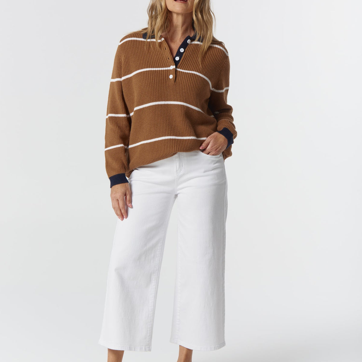 Husk Cotton Cashmere Collared Knit Jumper - Iced Coffee/Laser White ...