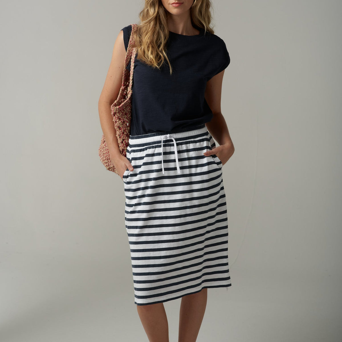 Folk Cotton Side Split Skirt - White/Parisian Navy – Goondiwindi Cotton