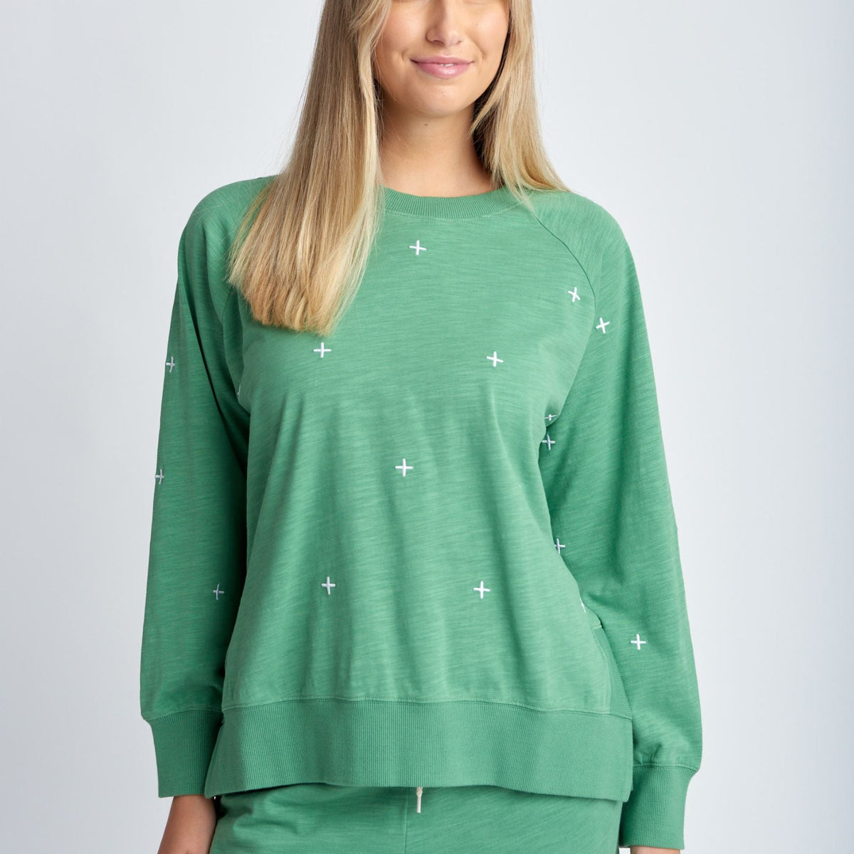 Cotton Sweater With Cross Embroidery - Palm Green/White – Goondiwindi ...