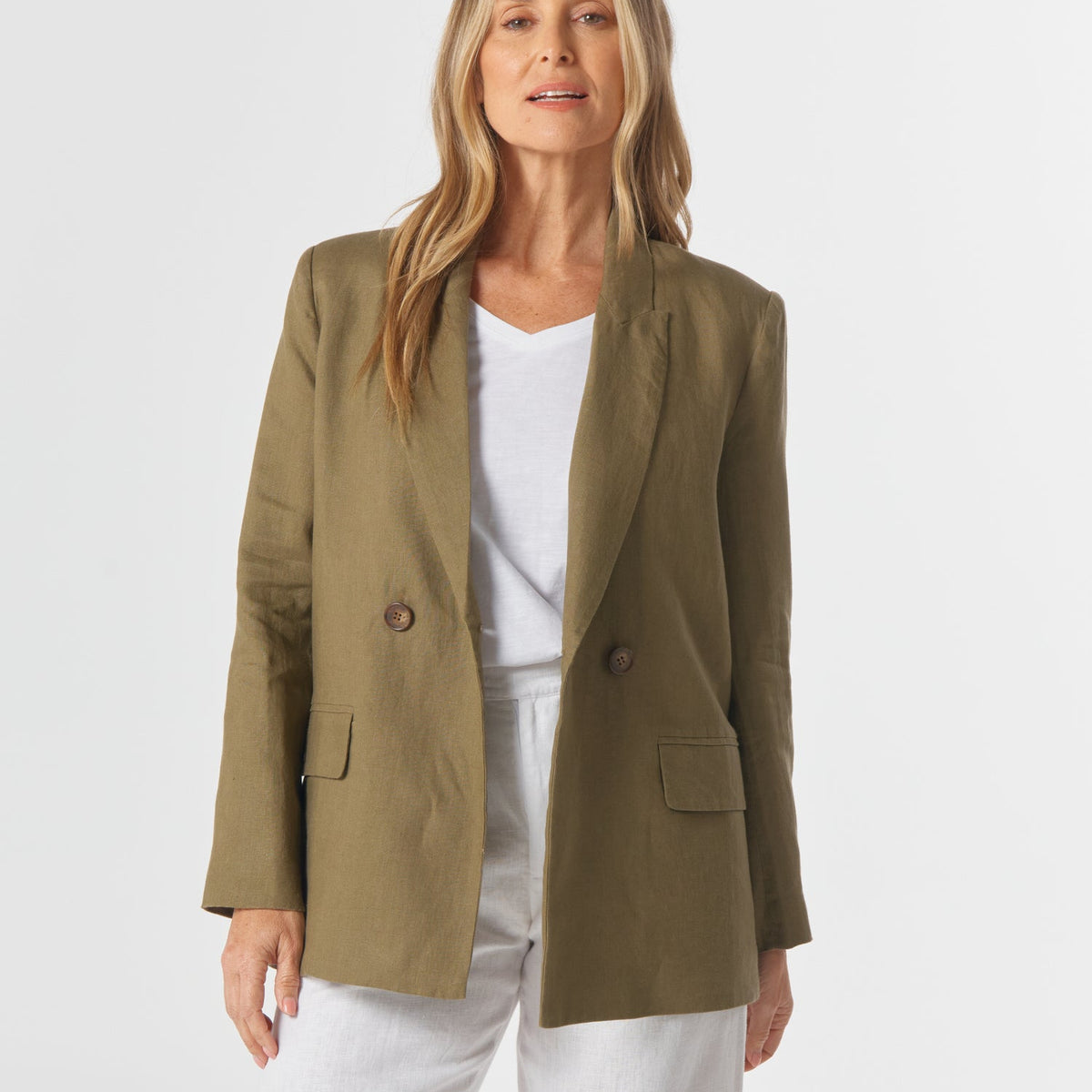 Linen Double Breasted Relaxed Jacket - Tobacco – Goondiwindi Cotton