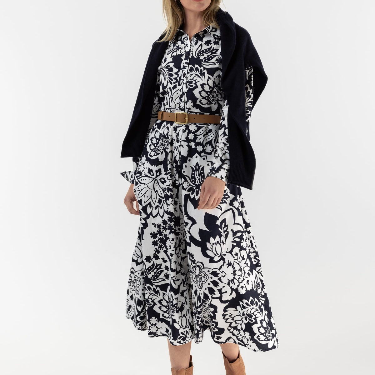 Cotton A-Line Long Sleeve Belted Dress - Lotus Print – Goondiwindi Cotton