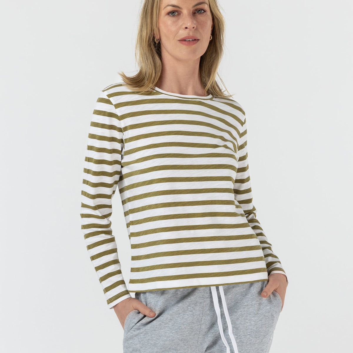 Long Sleeve Basic Tee - White/Green Moss – Goondiwindi Cotton