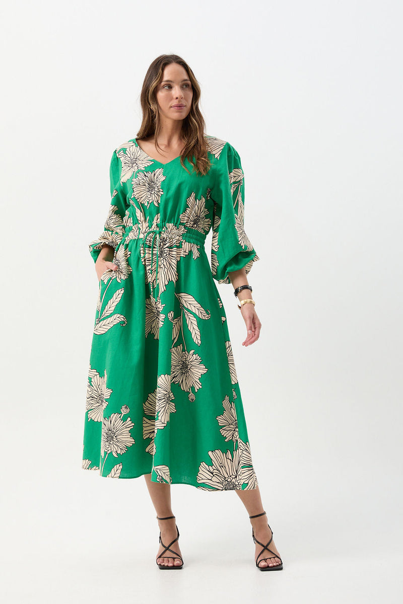 Linen Cotton V Neck Dress - Zinnia Print – Goondiwindi Cotton